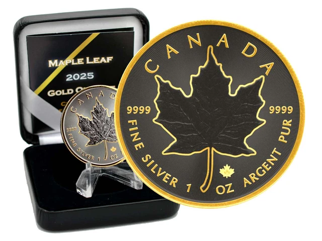 1 OZ SILVER Maple Leaf Canada 2025 Gold Outline Edition Ruthenium Box £ ...