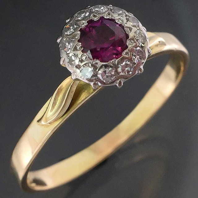 ORIGINAL 1970'S SOLID 18k Yellow GOLD NATURAL RUBY & 12 DIAMOND RING ...