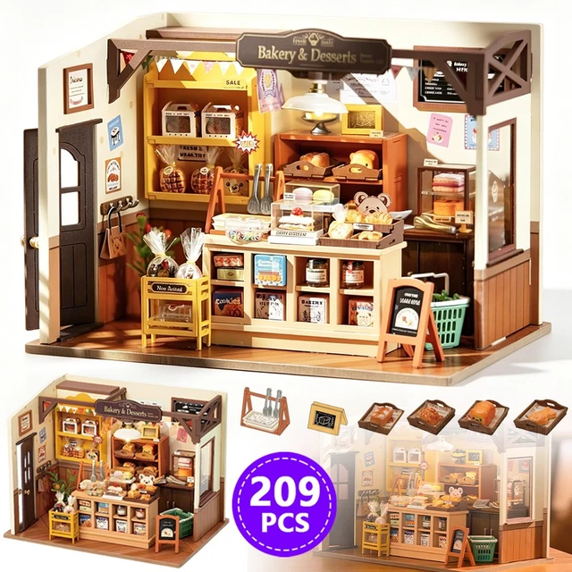 DIY MINIATURE BAKERY Building Kit 3D Wooden Puzzle LED Light Dollhouse ...