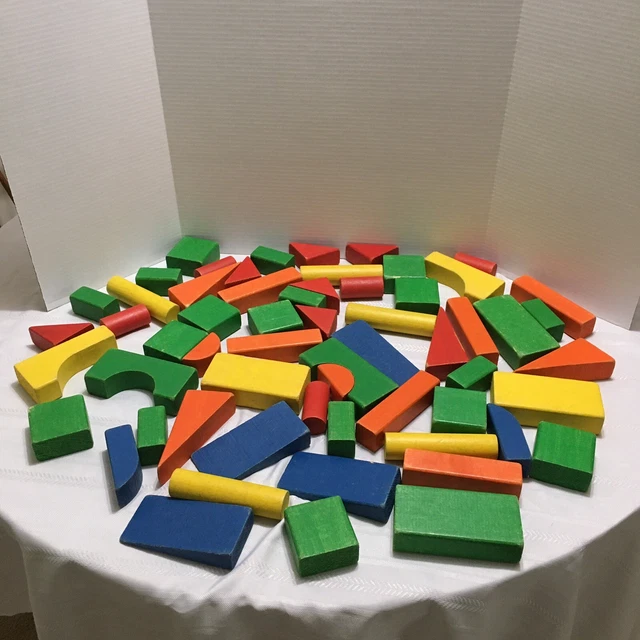 VINTAGE LOT COLORED WOODEN WOOD BUILDING BLOCKS 60 Count Almost 9 ...