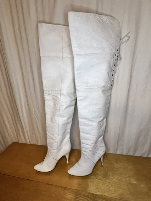 WILD PAIR WHITE Leather Thigh High Boots Lace Up Back 8b £185.39 ...