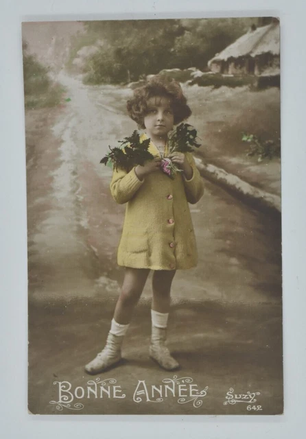 POSTCARD~BONNE ANNEE~FRENCH HAPPY New Year~RPPC~Tint~Girl~Yellow Coat ...