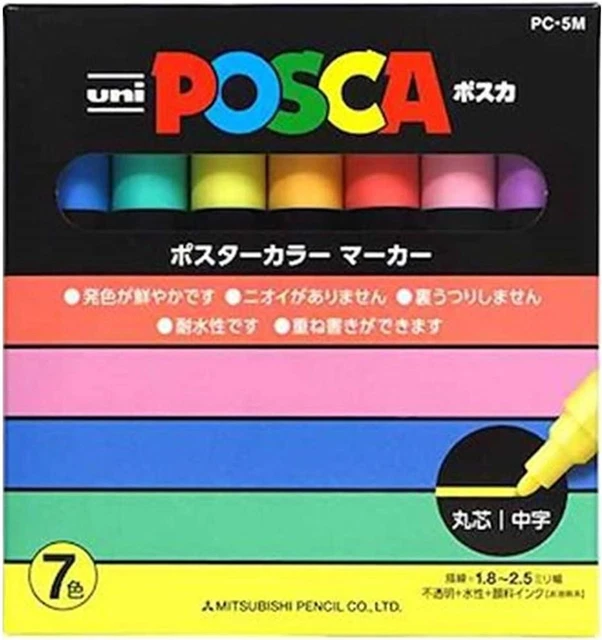 UNI POSCA MEDIUM Character Round core 7 Colors Set (PC-5M 7C) + Medium ...