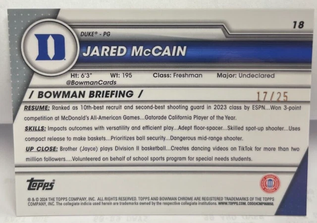 JARED MCCAIN 2023-24 Bowman Chrome U University rifrattore ARANCIONE #d ...