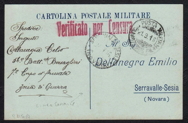 CARTOLINA MILITARE IN franchigia 1916 da PM 7° CA a Serravalle Sesia ...