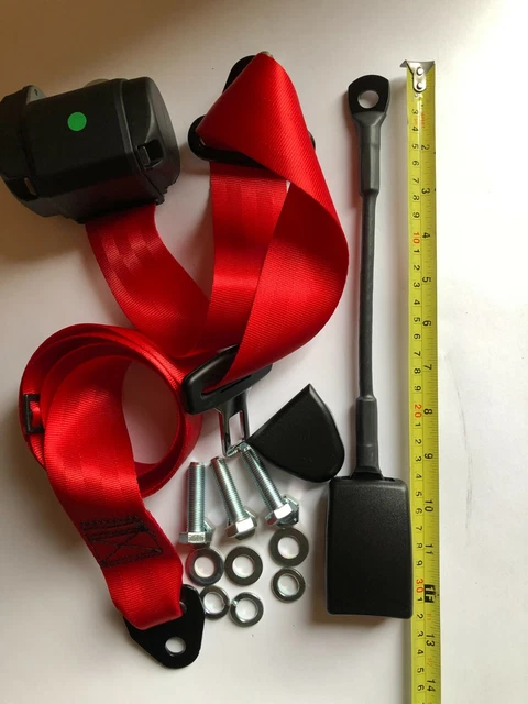 RED UNIVERSAL 3 Point Adjustable Inertia Seat Belt & Wire Stalk Buckle ...