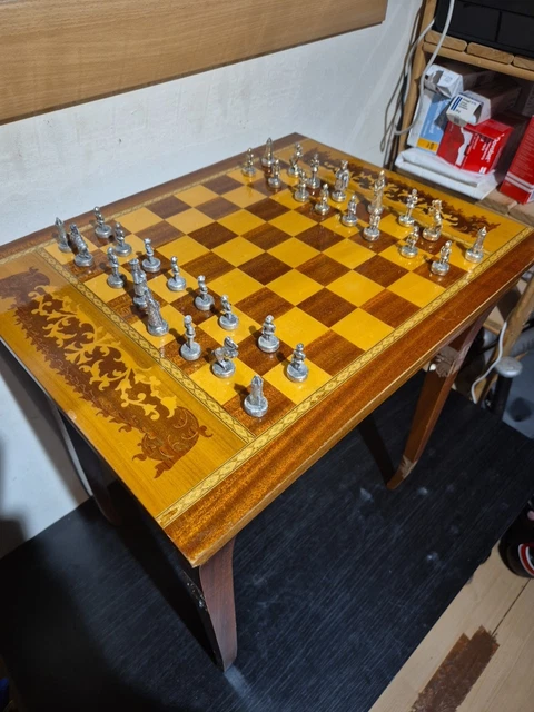 VINTAGE ITALIAN CHESS Table And Chess Set Metal Pieces Musical Box £171 ...
