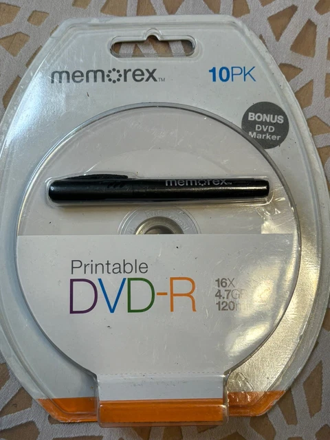 MEMOREX PRINTABLE DVD-R 10 Pack with DVD Marker 16X 4.7 GB 120 Min ...