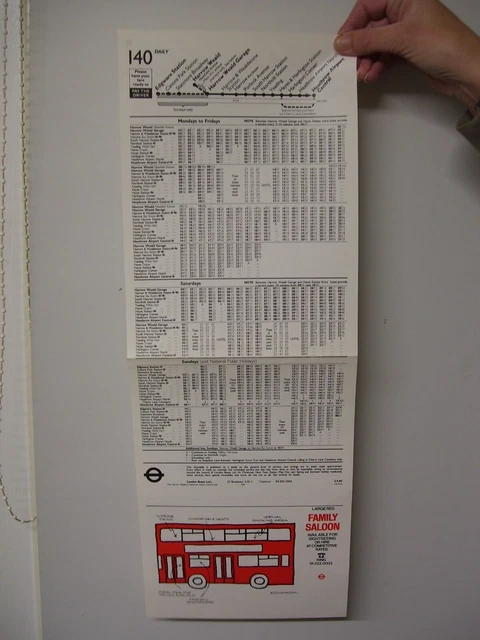 LONDON TRANSPORT BUS Stop Panel Timetable-Route 140-September 1985-Used ...