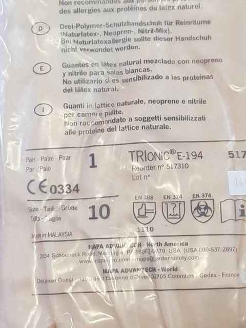 MAPA TRIONIC CLEANROOM GLOVES E-194 517 - 12 pairs per pack Size10 (XL ...
