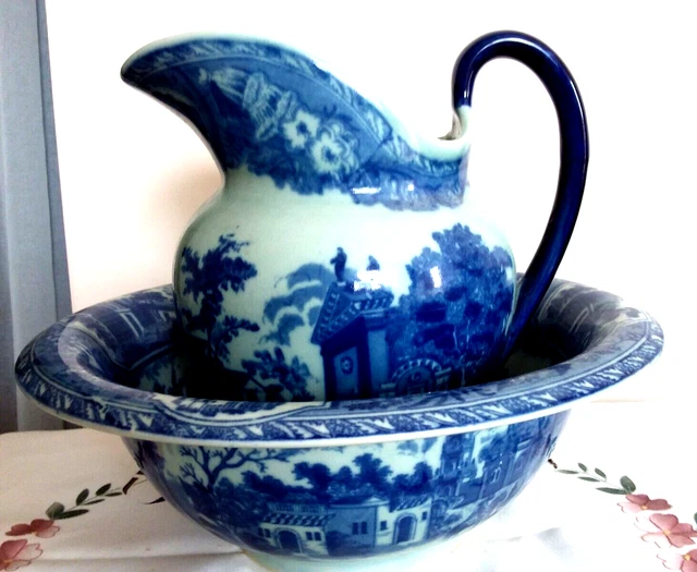 ANTICA BROCCA INGLESE Victoria Ironstone blu brocca bianca e ciotola ...