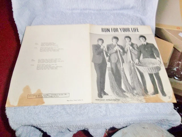 THE BEATLES ORIGINAL Sheet Music 1965 Run For Your Life Northern Songs ...