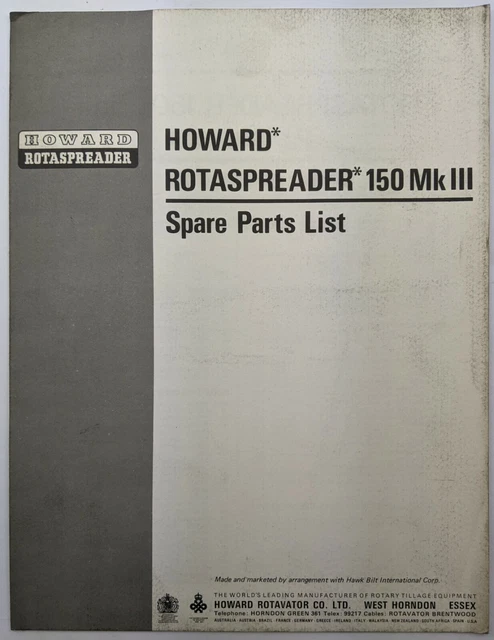 HOWARD ROTASPREADER 150 Mk III Spare Parts List, November 1972 £9.00 ...