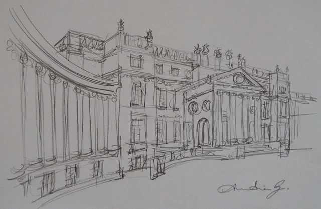 ORIGINAL EXPRESSIVE SKETCH Architectural Pencil Drawing Sketch of Stowe ...