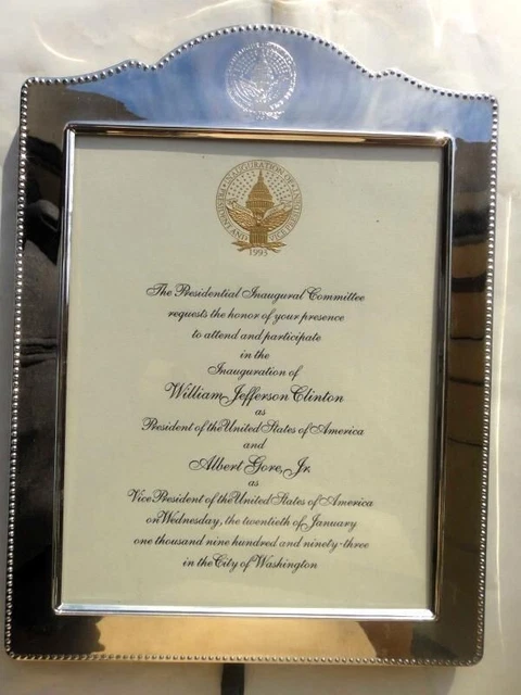 1993 EMBOSSED SILVERPLATE INAUGURATION FRAME and INVITATION pres ...