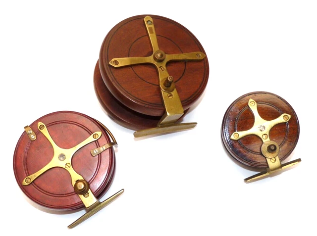 3 NOTTINGHAM WOOD brass starback reels, with ratchets 3" 4" 5" £95.00 ...