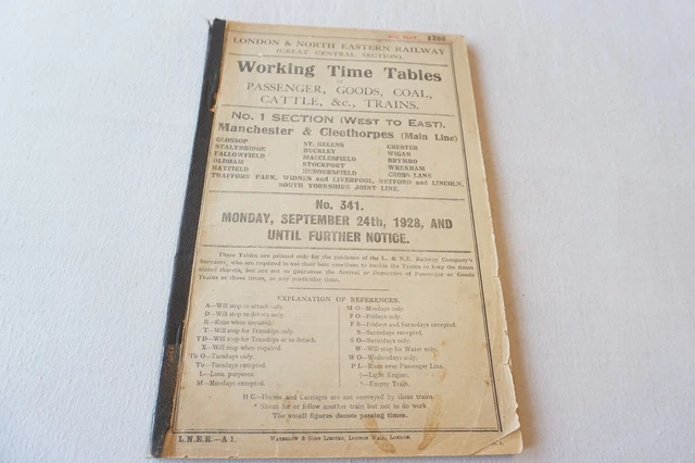 1928 LNER GREAT Central Section Railway Working Timetable Manchester ...