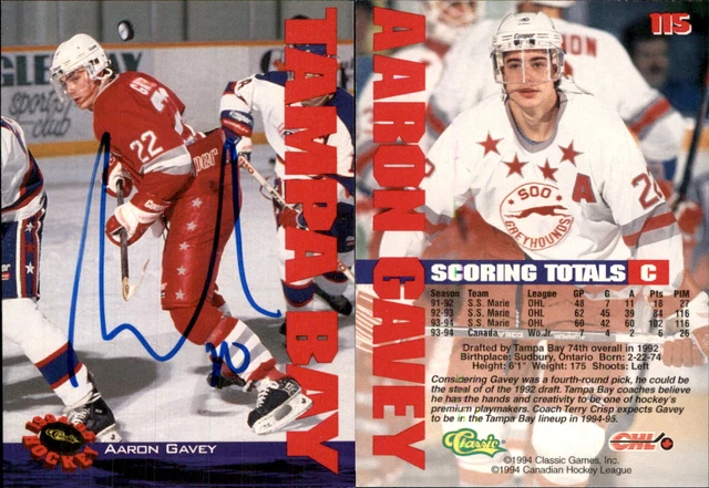 CARTE AARON GAVEY signée 1994-95 classique #115 Tampa Bay Lightning ...