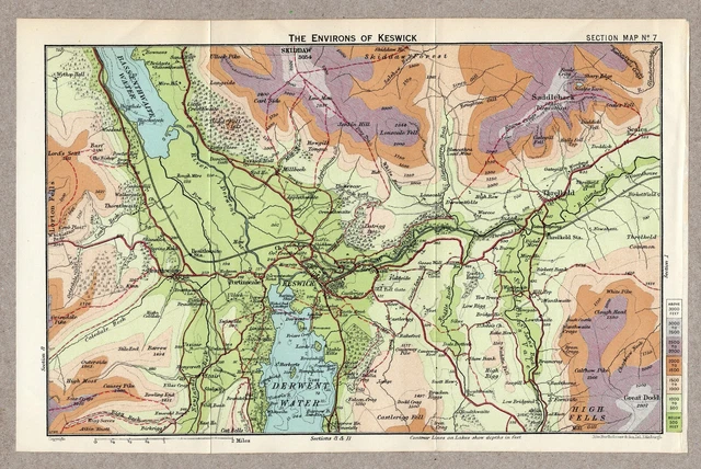 ANTIQUE FOLDING GUIDE Map Keswick Lake District 1925 J Bartholomew 10 ...