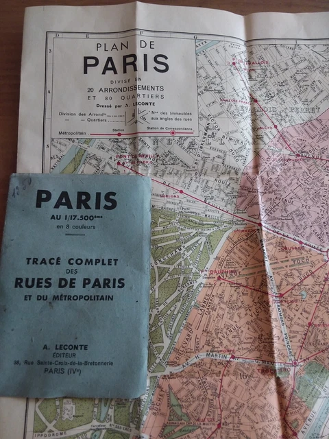 VINTAGE PARIS STREET Plan & Metro Map. Colour. Folding. VGC circa 1950s ...