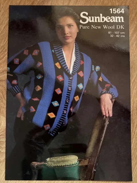 1564 SUNBEAM PURE New Wool DK Jacket With Contrast Diamonds Knitting ...