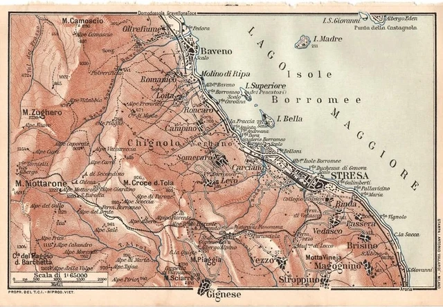 CARTA GEOGRAFICA ANTICA LAGO MAGGIORE STRESA BAVENO BORROMEE 1916 ...