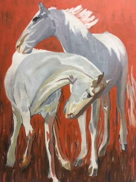 PFERDE: HENGST & STUTE: ÖLBILD: SIGNATUR: WERNER 1966: ÖL auf LEINWAND ...