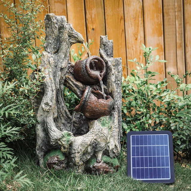 SOLAR POWERED WATER Feature Fountain Rustic Dead Tree Jug Cascade ...