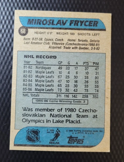1986-87 TOPPS MIROSLAV FRYCER Toronto Maple Leafs LNH carte ...