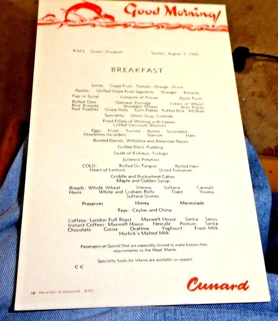 1956 R.M.S. QUEEN ELIZABETH CUNARD CRUISE SHIP MENU 3 PHOTO BLACK ...