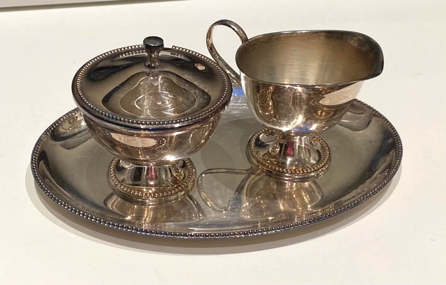 MILCH- UND ZUCKER-SET mit Tablett versilbert oval 20 x 14 cm EUR 25,00 ...