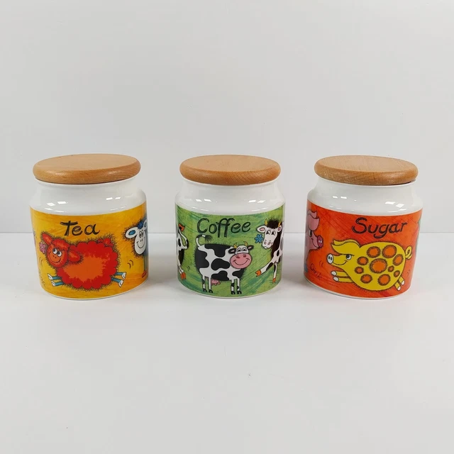 3 DUNOON FUNKY Farm by Jane Brookshaw Tea Coffee Sugar Storage Jars £32 ...