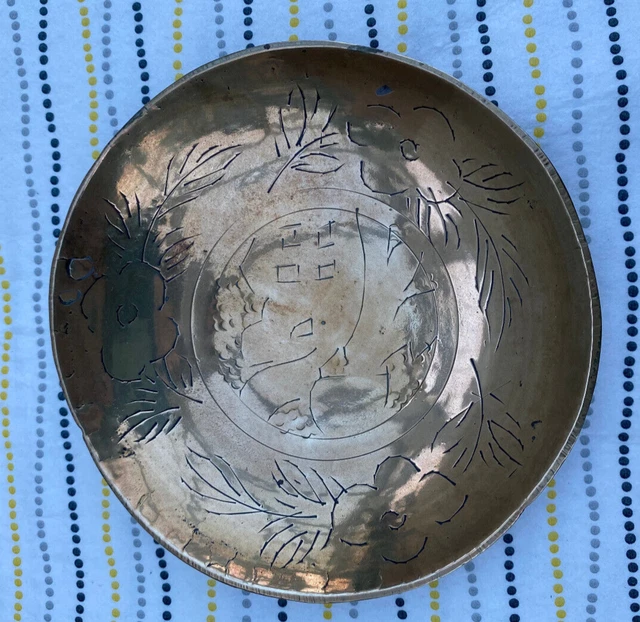 VINTAGE ANTIQUE CHINESE Brass Flower Design Hand Engraved Plate 12.5cm ...