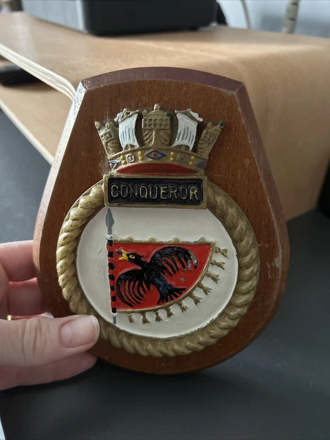 VINTAGE H.M.S CONQUEROR Submarine Wall Badge, Crest, Tampion, Royal ...