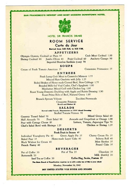 HOTEL SIR FRANCIS Drake Room Service Dinner Menu San Francisco ...