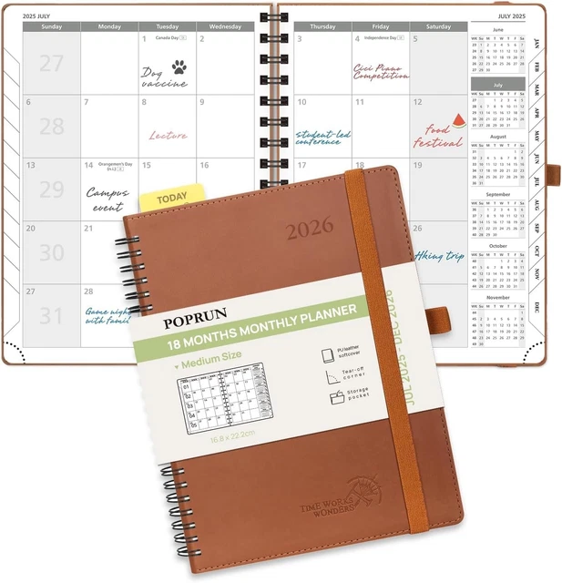 POPRUN MONTHLY PLANNER July 2025-Dec. 2026 Spiral Bound (6.5'' x 8.5 ...