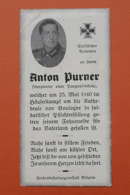 WW2 GERMAN DEATH Card Sterbebild Panzer Bat Urban Fighting Boulogne ...