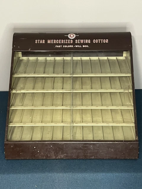 VINTAGE METAL AMERICAN Thread Company Star Spool Cabinet 5 Shelf Glass ...