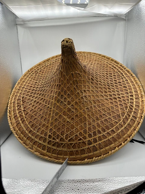 VINTAGE ASIAN CONICAL Rattan Leaf Rickshaw Coolie Hat Cantonese Chinese ...