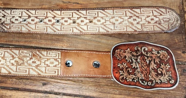ANTIQUE MEXICO CHARRO Piteado Leather Belt & Buckle Mariachi Mexican ...