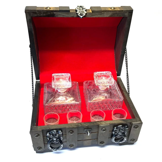 VINTAGE WOOD PIRATE Treasure Chest Decanter and Shot Glass Set $300.00 ...