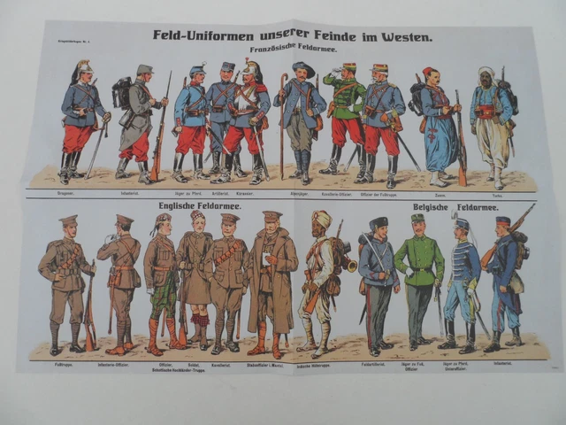 WW1 ~ GERMAN Poster Of Allied Uniforms 1914 # Issued To Troops At The ...