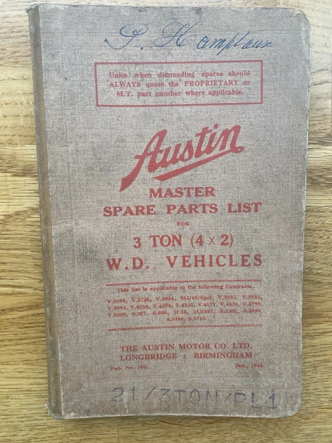 BRITISH ARMY WW2 Master Parts List for Austin 3 Ton WD Truck K3 1943. £ ...