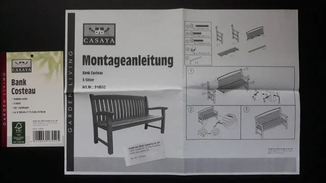 CASAYA TEAK HOLZ Natur Gartenbank Typ COSTEAU 3-Sitzer ca. 160 x 71,5 x ...