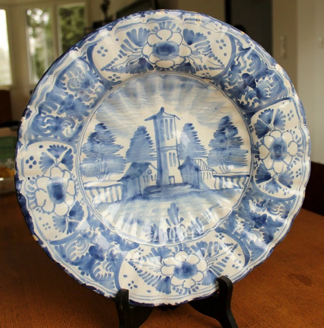 ANTIQUE GODRONNE FAIENCE Xviii Round Dish Delft Identifiable Building ...