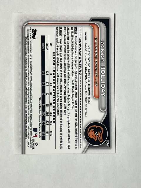 JACKSON HOLLIDAY 2024 Bowman Chrome Prospects BCP-47 Orioles de ...