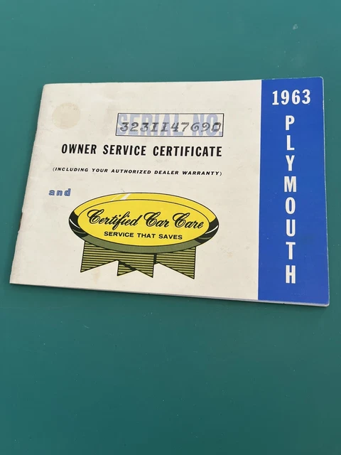 1963 PLYMOUTH OWNER'S Certificate Booklet $5.00 - PicClick