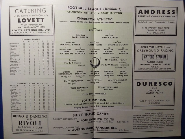 CHARLTON ATHLETIC V Southampton 17th October 1964 £1.17 - PicClick UK