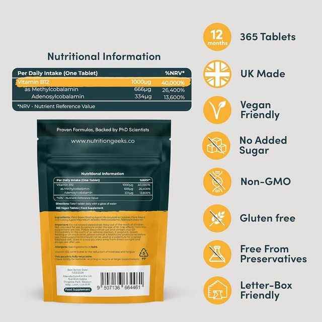 VITAMIN B12 TABLETS High Strength - 1 Year Supply (365 Tablets ...