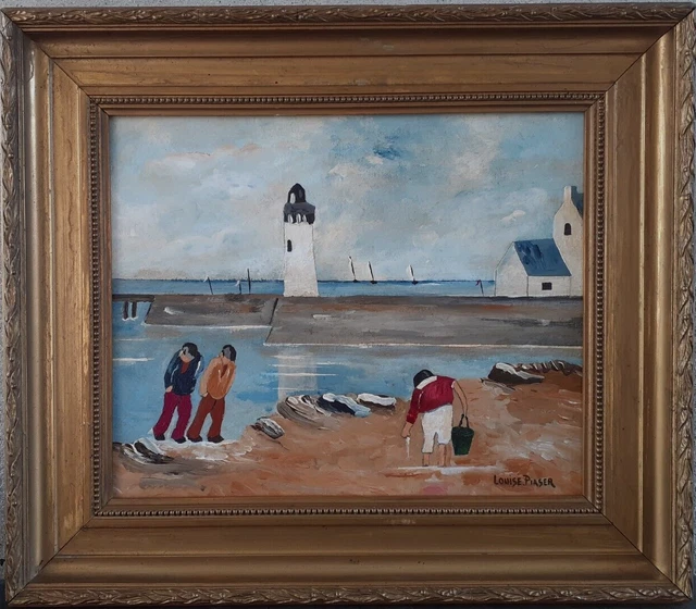 TABLEAU HUILE SUR carton paysage marine personnages BRETAGNE signé ...